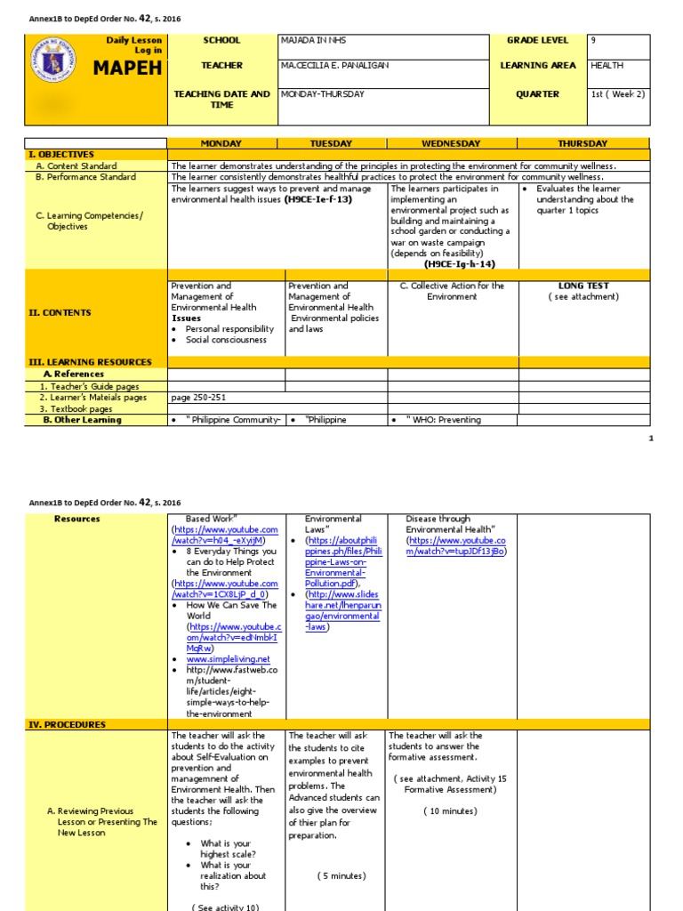 Q1 Grade 9 HEALTH DLL Week 2 PDF | PDF | Environmental Policy ...