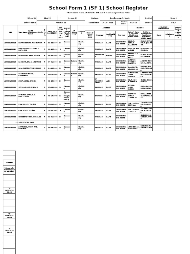 School Form 1 (SF 1) School Register | Download Free PDF | Social ...