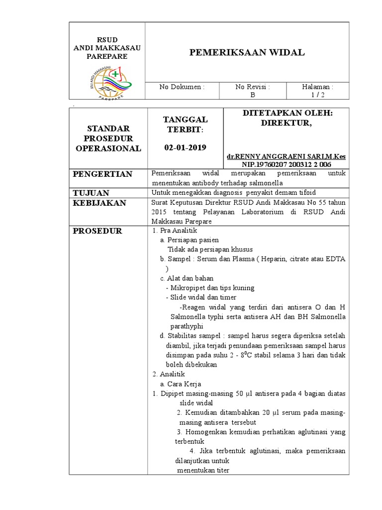 SOP Pemeriksaan Widal | PDF