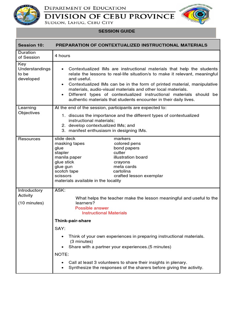 Session 10-Preparation of Contextualized Materials | PDF | Learning Styles | Learning