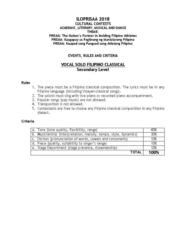 Secondary Vocal Solo Filipino Classical | PDF