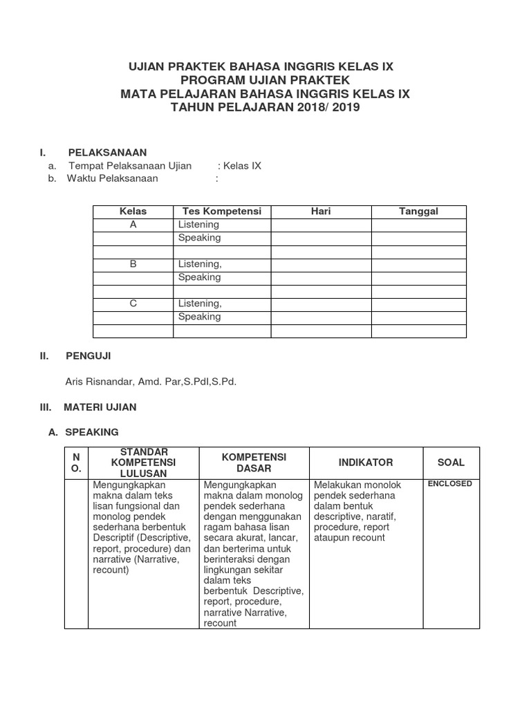 Ujian Praktek Bahasa Inggris Kelas Ix | PDF