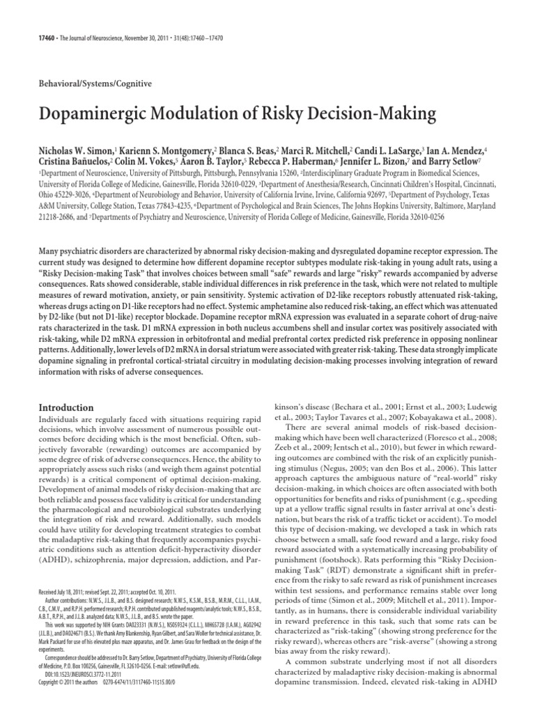 Dopaminergic Modulation of Risky Decision-Making: Behavioral/Systems ...
