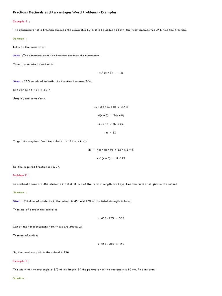 Fractions Decimals and Percentages Word Problems | PDF | Fraction ...