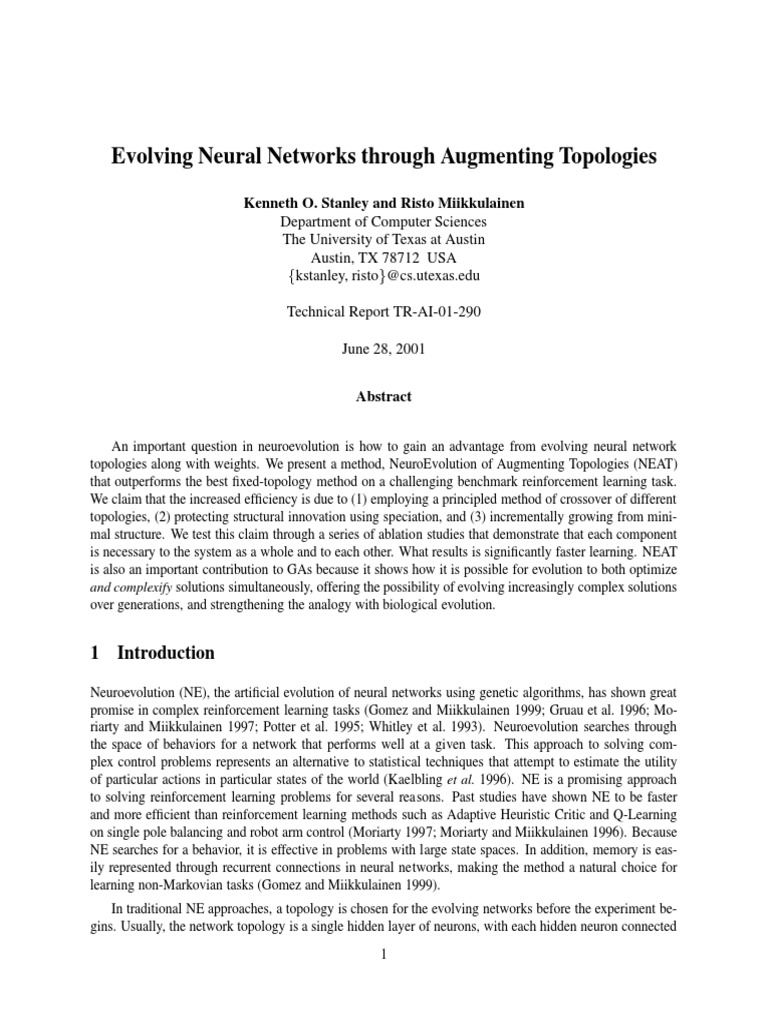 Evolving Neural Networks Through Augmenting Topologies: Kenneth O. Stanley and Risto ...