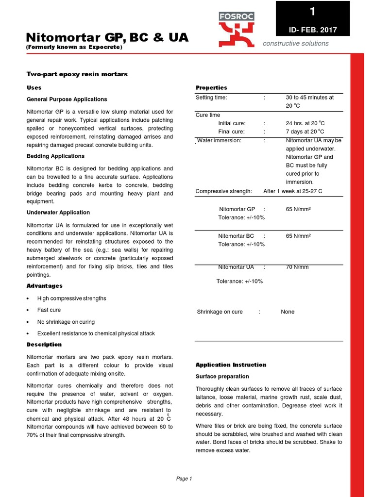 Nitomortar GP, BC & UA: Two-Part Epoxy Resin Mortars | Download Free ...