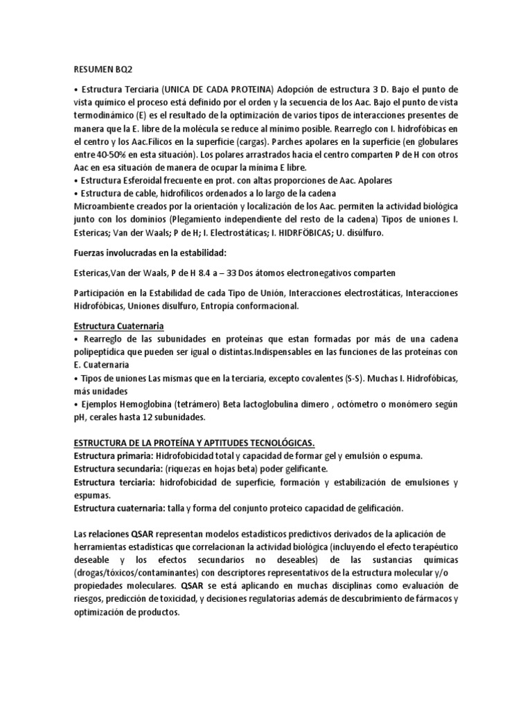 Resumen BQ 2 PDF | PDF | Estructura proteica | Proteínas