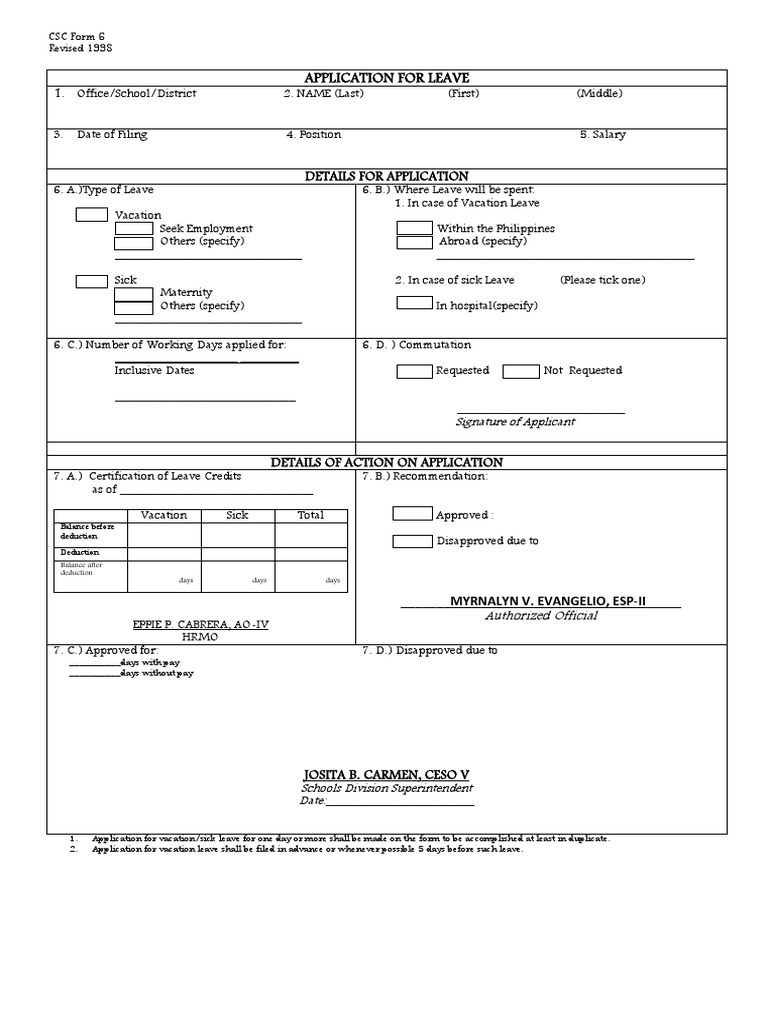 Application For Leave: CSC Form 6 Revised 1998 | PDF | Government ...