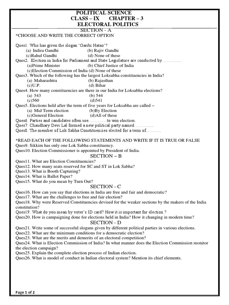 Section - A: Political Science Class - Ix Chapter - 3 Electoral ...