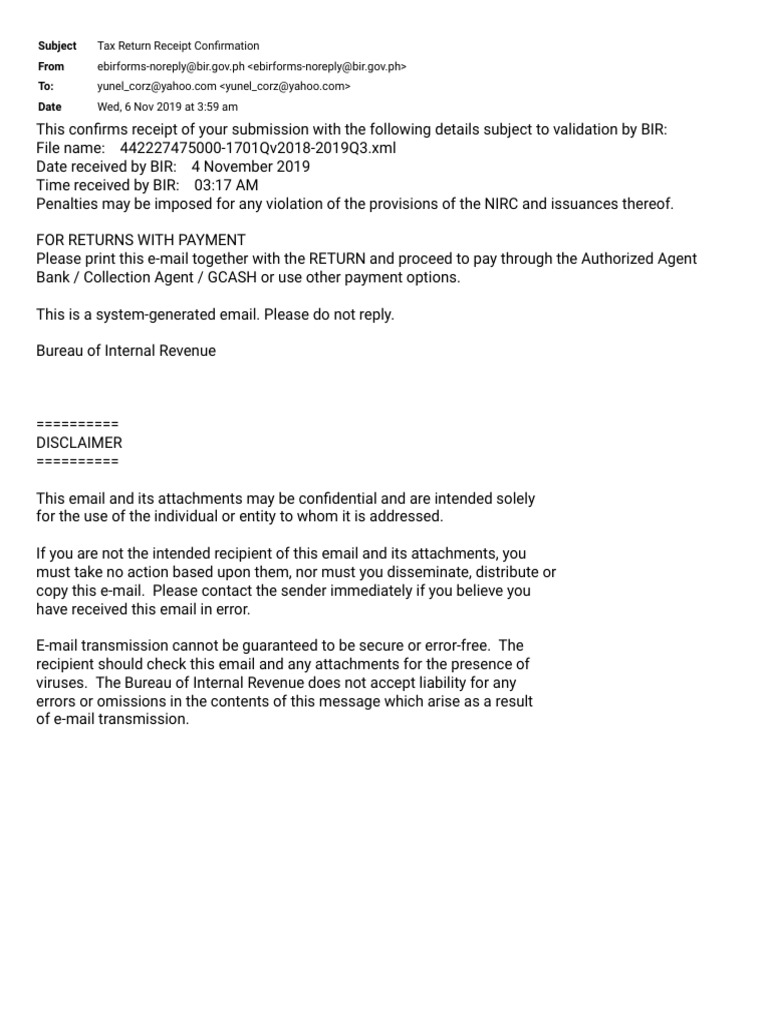 Tax Return Receipt Confirmation Email from the Bureau of Internal ...