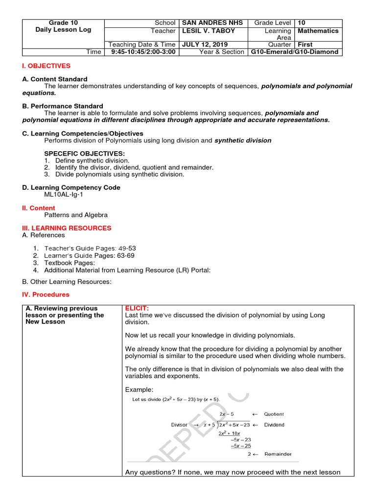 Lesson Plan in Dividing Polynomials Using Synthetic Division | PDF ...