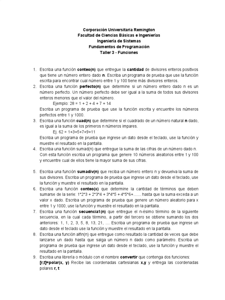 Fundamentos de Programación en Python Taller 3 - Funciones | PDF ...