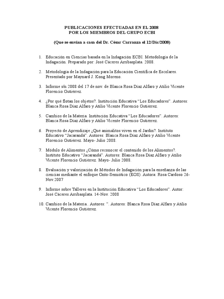 Publicaciones Efectuadas en El 2008 Ecbi | PDF