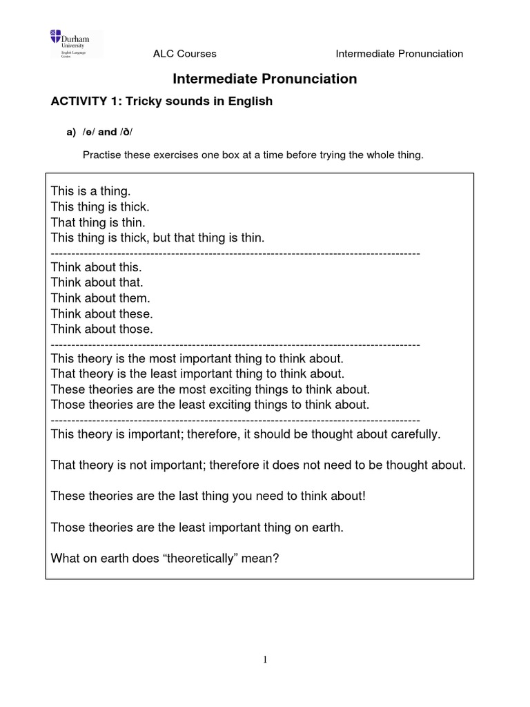 Intermediate Pronunciation: ACTIVITY 1: Tricky Sounds in English ...