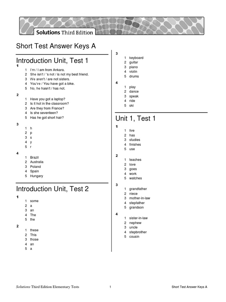 Elem Short Test Answer Keys A | PDF