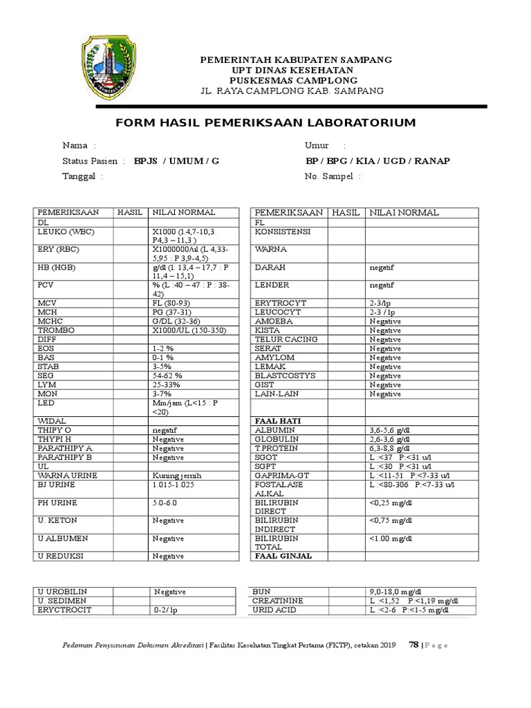 Form Hasil Pemeriksaan Laboratorium: Upt Dinas Kesehatan Puskesmas ...