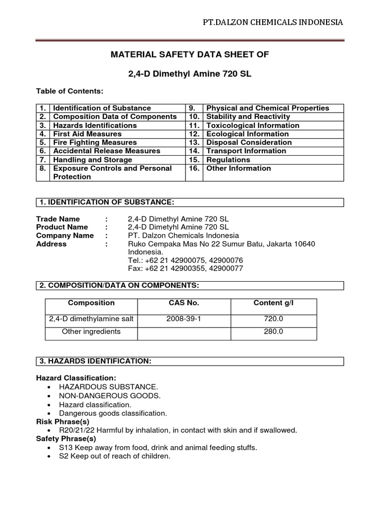 Material Safety Data Sheet of 2,4-D Dimethyl Amine 720 SL: PT - Dalzon ...