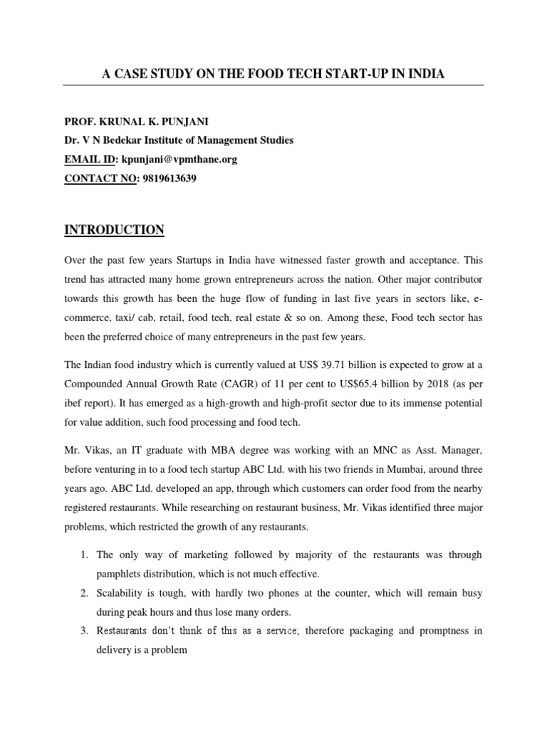 Food Tech Startup Case Study In India Pdf Startup Company Small