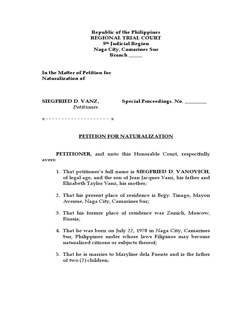 Sample Petition For Naturalization | PDF | Naturalization | Citizenship