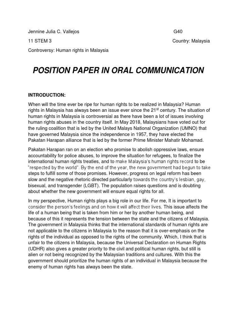 Position Paper in Oral Communication | PDF | Malaysia | Human Rights