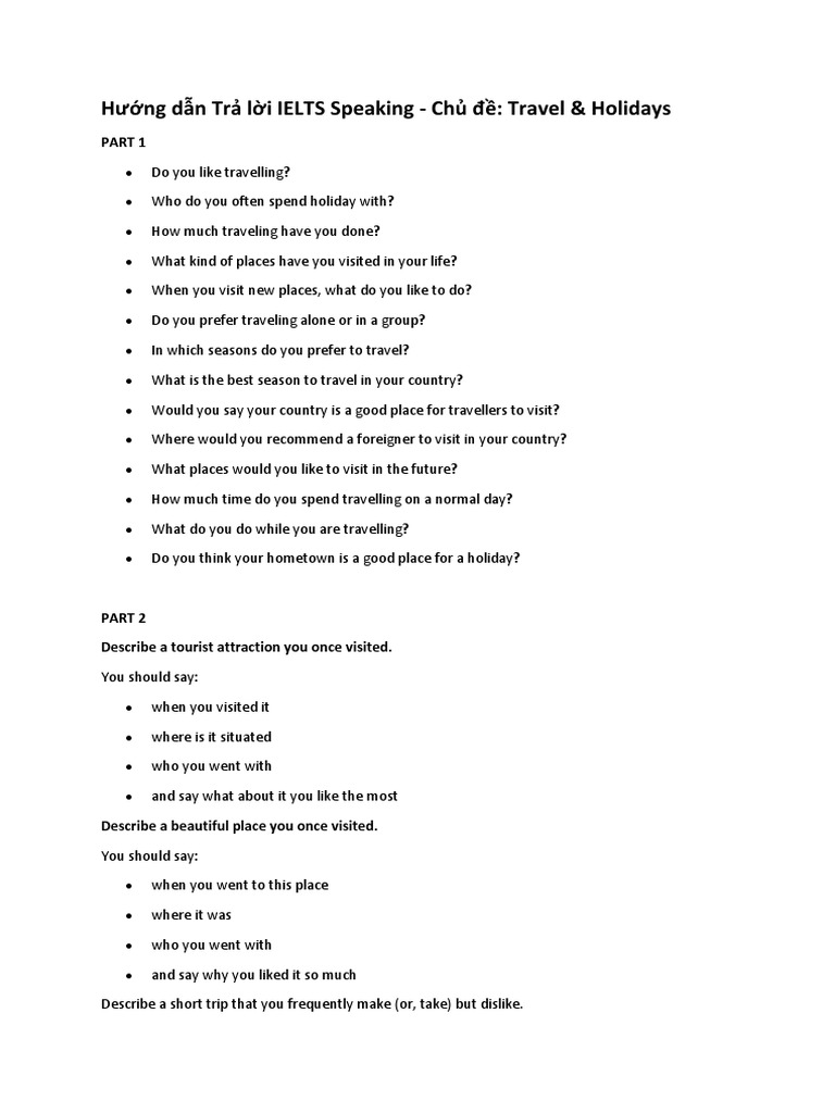 Hướng Dẫn Trả Lời IELTS Speaking - Chủ Đề Travel & Holidays | PDF ...