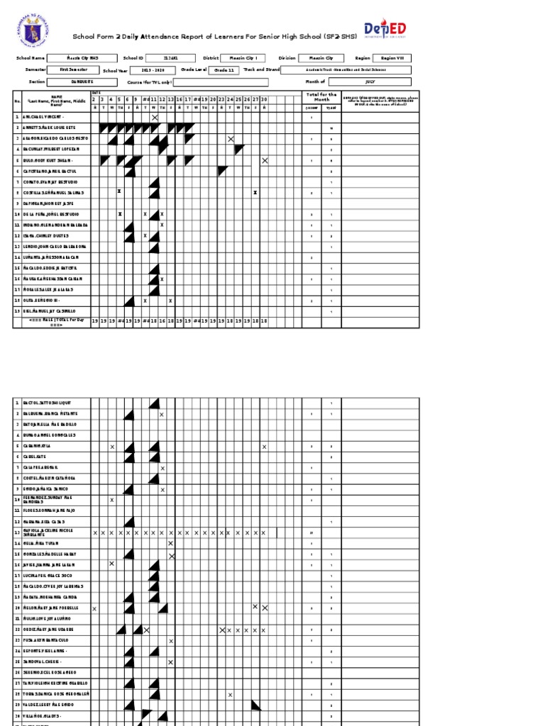 School Form 2 Daily Attendance Report of Learners For Senior High ...