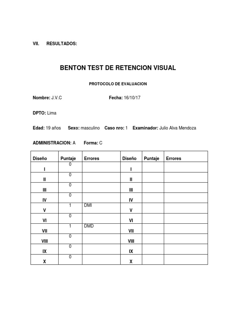 Benton Test de Retencion Visual | PDF | Sistema nervioso | Neuropsicología