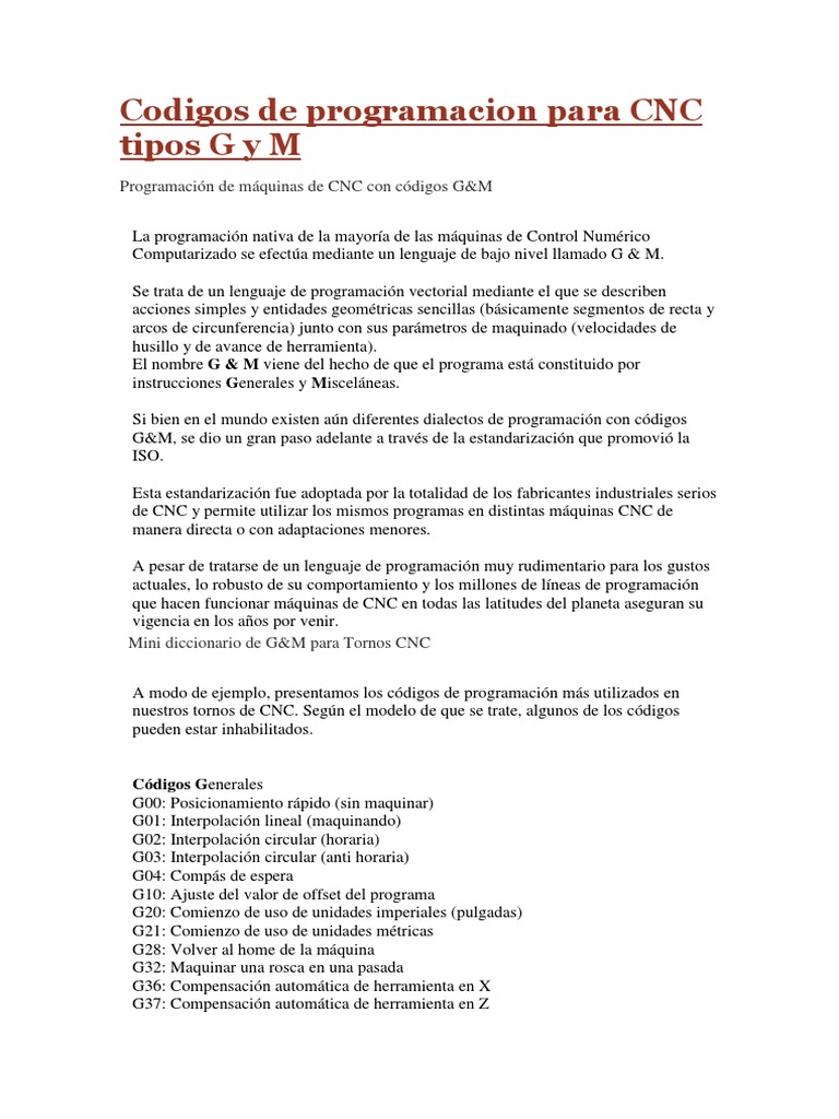 Codigos de Programacion para CNC Tipos G y M | PDF | Control numerico ...