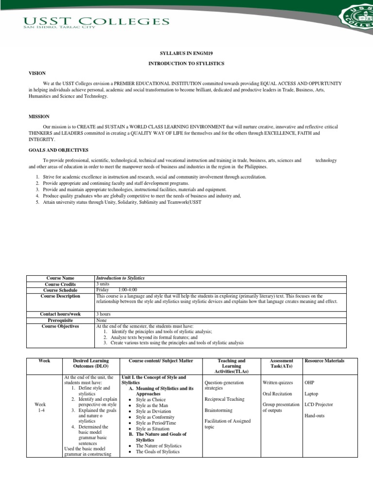 Syllabus in Engm19 Introduction To Stylistics Vision | PDF | Narration ...
