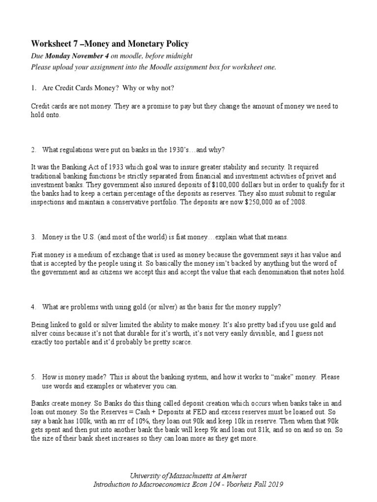 Worksheet - Money and Monetary Policy | PDF | Federal Reserve | Money