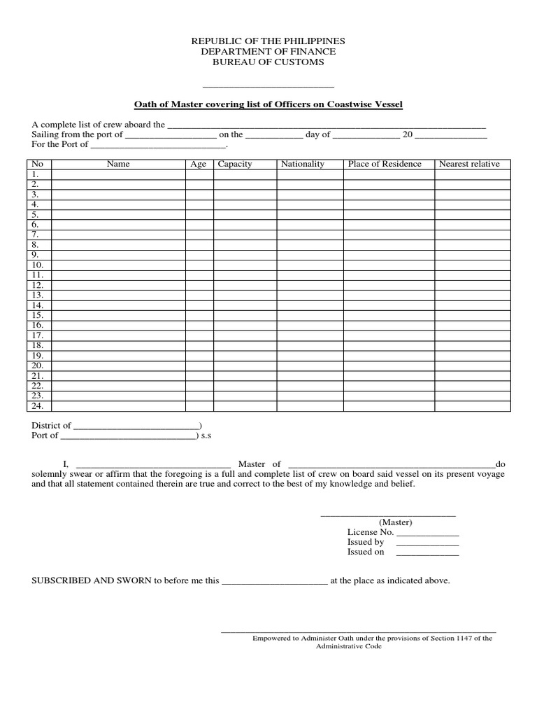 Oath of Master Covering List of Officers On Coastwise Vessel | PDF