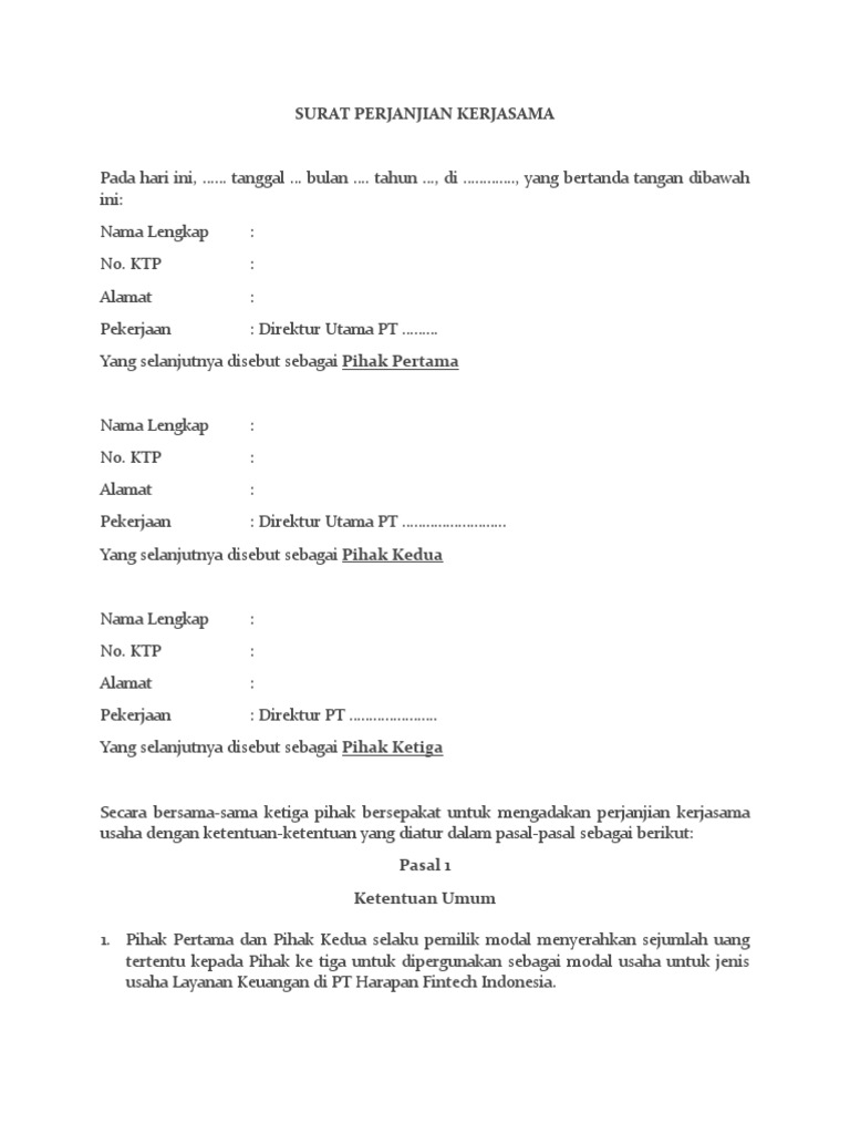 Surat Perjanjian Pemegang Saham PT | PDF | Bisnis