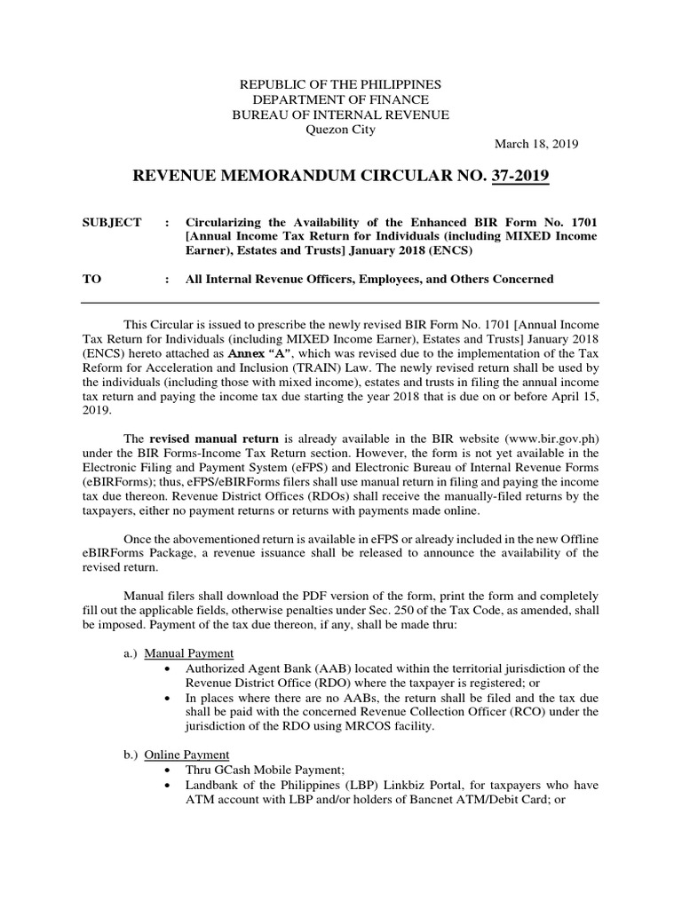 Revenue Memorandum Circular No. 37-2019 | PDF | Tax Return (United ...