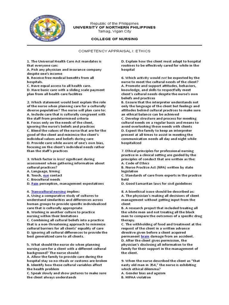 Competency Appraisal I: Ethics - Exam on Transcultural Nursing, Informed Consent, and Legal ...