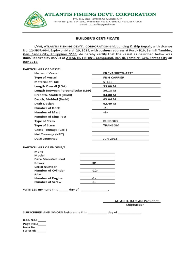 Builder'S Certificate: Book No.: Series of | PDF | Tonnage | Ships