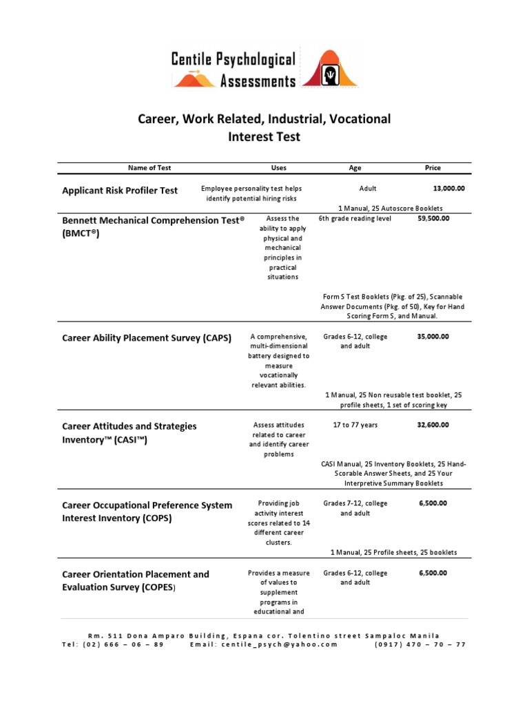 Career, Work Related, Industrial, Vocational Interest Test: Name of ...
