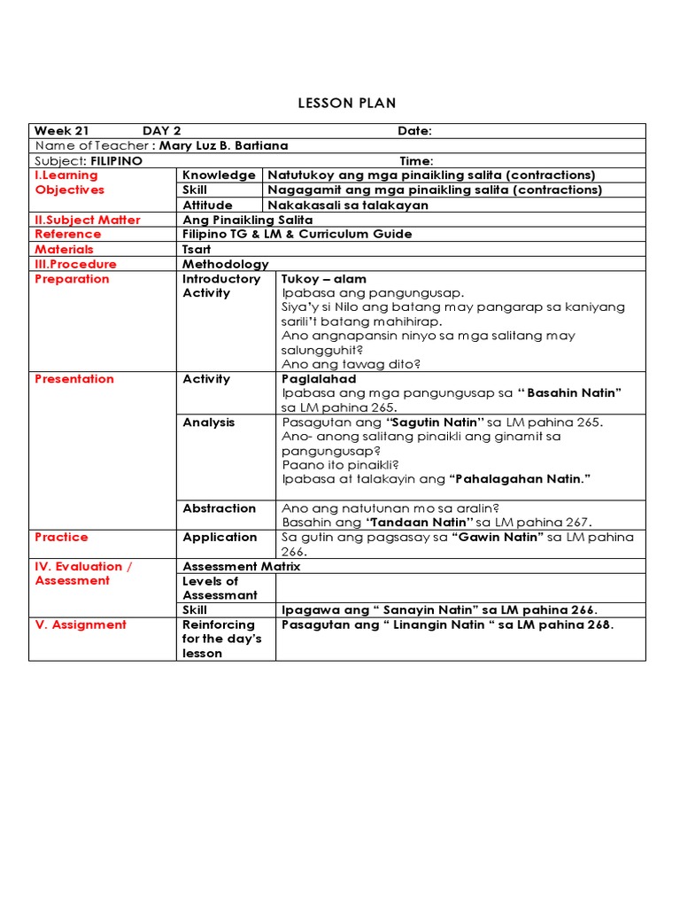 Lesson Plan: I.Learning Objectives II - Subject Matter Reference ...