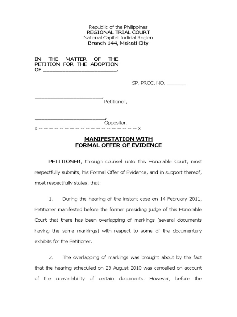 Manifestation With Formal Offer of Evidence - SAMPLe | Affidavit | Adoption