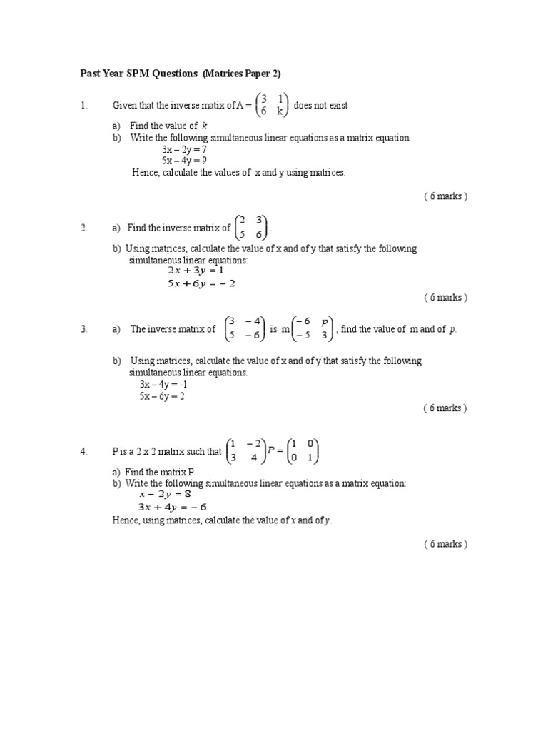 Past Year SPM Questions: (Matrices Paper 2) | PDF | Matrix (Mathematics ...