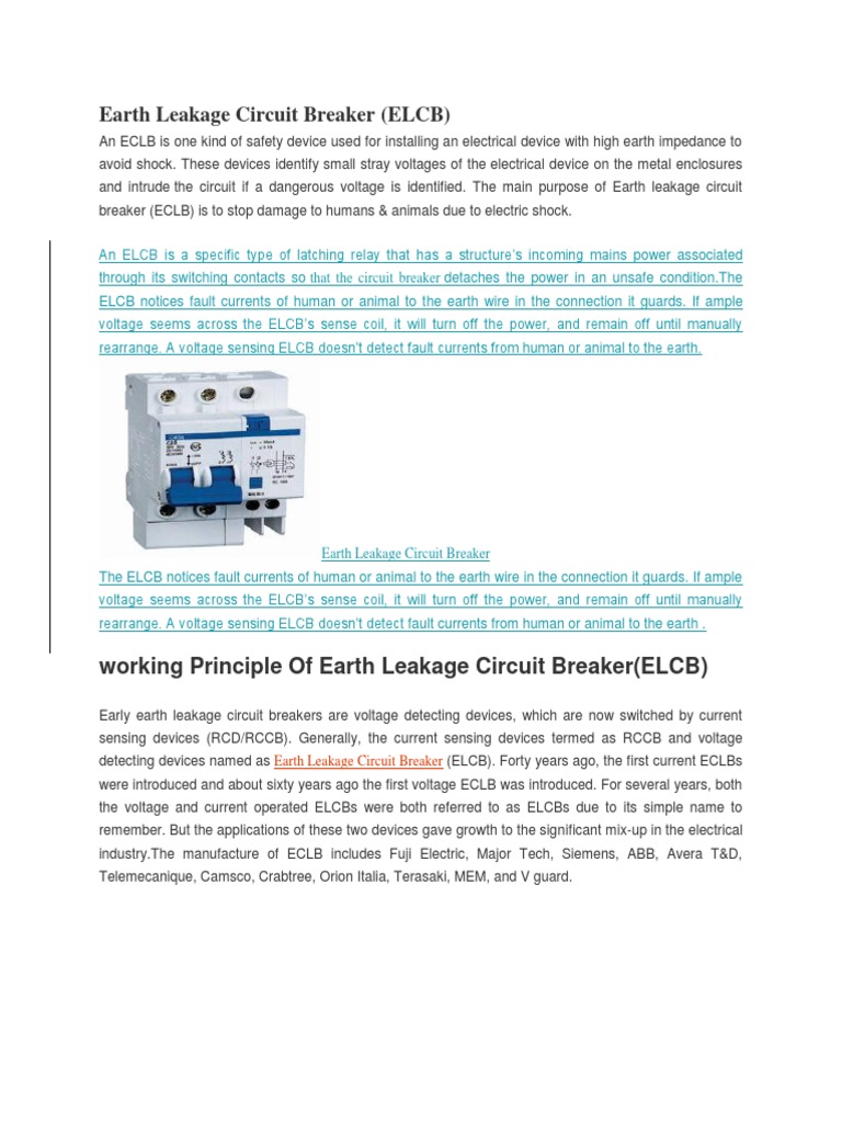 Working Principle of Earth Leakage Circuit Breaker (ELCB) | PDF ...