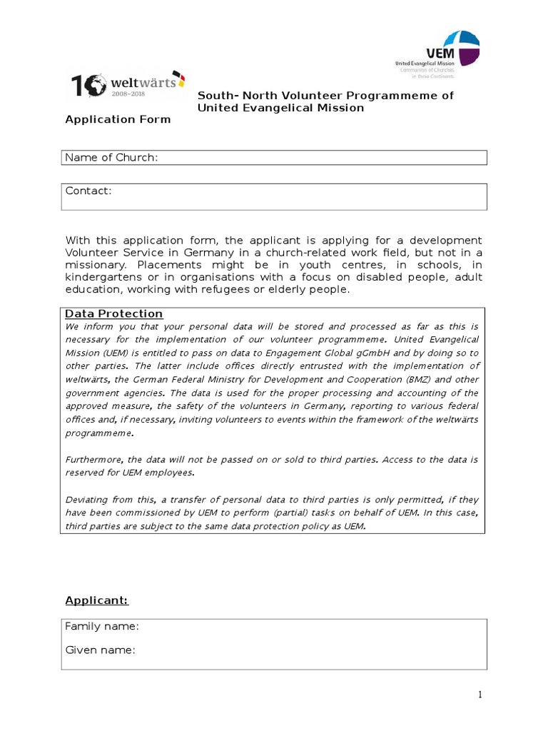 UEM South-North Volunteer Application Form | PDF | Volunteering ...