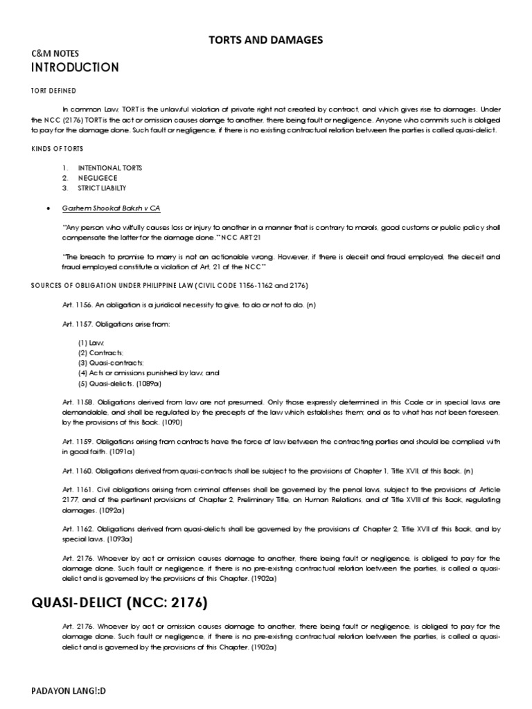Torts and Damages: QUASI-DELICT (NCC: 2176) | PDF | Negligence | Tort