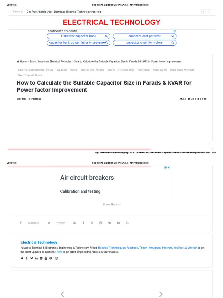 How To Find Capacitor Size in KVAR & F For PF Improvement | PDF ...