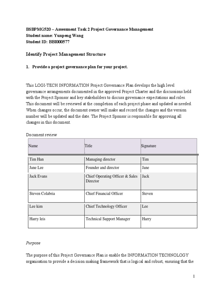 Project Governance Plan for the LOGI-TECH INFORMATION Project | PDF ...