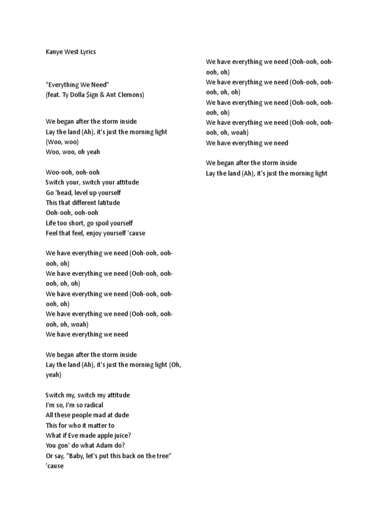 LYRICS - Everything We Need - Kanye West | PDF