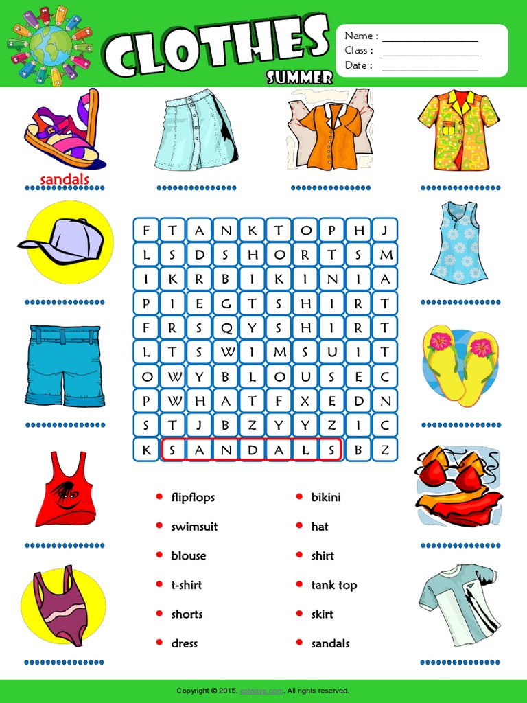 Summer Clothes Esl Vocabulary Word Search Worksheet For Kids PDF | PDF