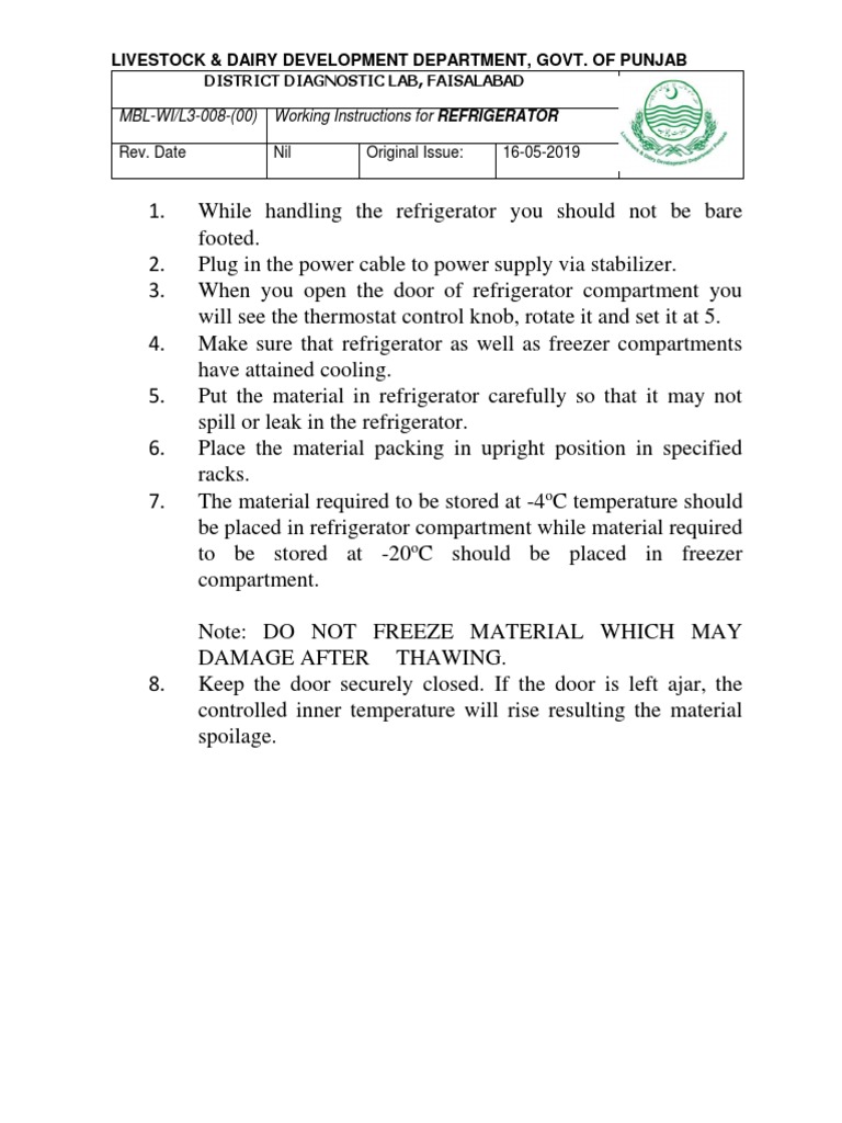 Working Instructions for Safely Operating a Refrigerator to Store ...