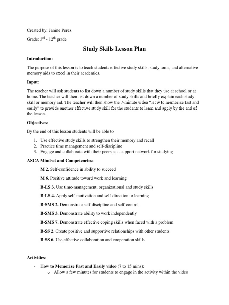 Study Skills Lesson Plan | PDF | Study Skills | Memory