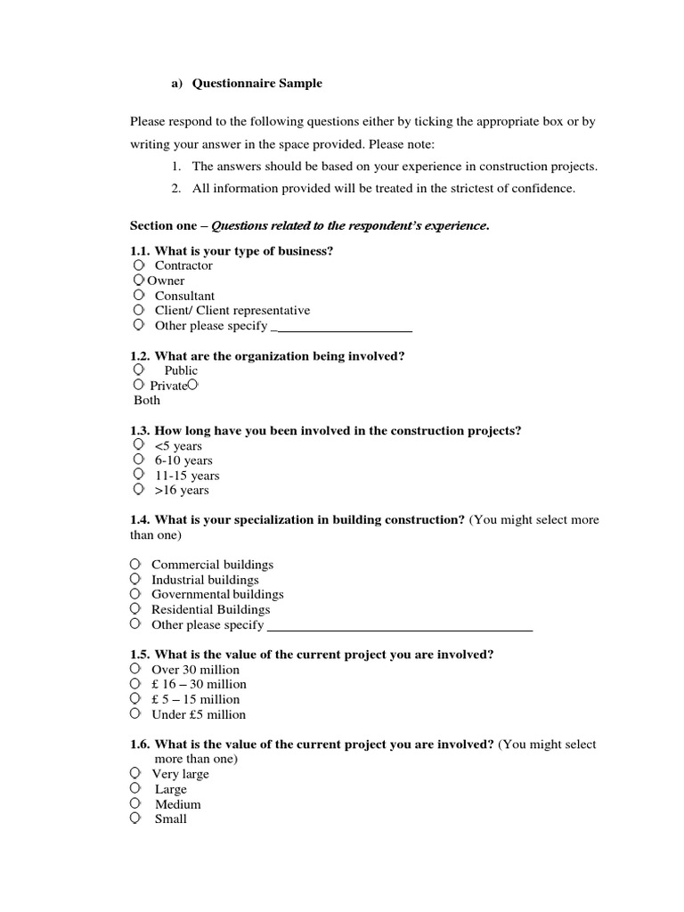 Normality - Questionnaire Sample | PDF | Construction Bidding | Economies