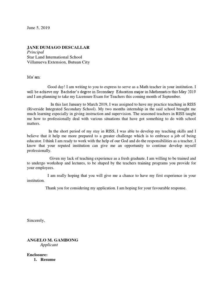 Application Letter | PDF | Teachers | Secondary Education